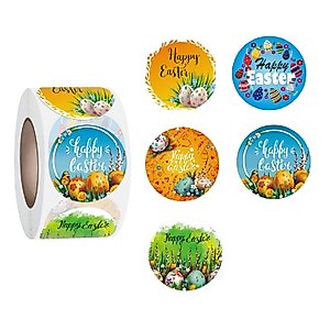 500 Pieces Easter Stickers Roll,1.5 Inch Egg Stickers Self Adhesive Easter Labels with 5 Styles for Candy Cookie Bags Gifts Boxes Wrap Cards Bottles Envelope Seals Party Decoration Supplies