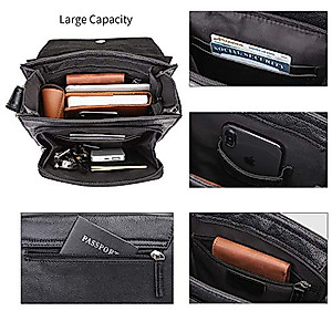 Augus Leather Messenger Shoulder Crossbody Bag for Men Work Business Vintage Magnetic Buckle Big Capacity Adjustable straps (Black)