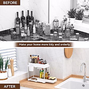 GAOLINE 2 Pack 2 Tier Under Sink Organizers and Storage,Under Bathroom Cabinet Organizer with Hooks Hanging Cup, Double Sliding Drawers Cabinet Basket Organizer for Bathroom, Up to 14.5 inches, White