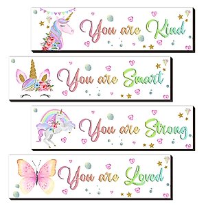 4 Pieces Girl Unicorn Decor Wooden Hanging Wall Plaques, Wall Art Inspirational Quotes, Wood Unicorn Hanging Plaque Bedroom Decorations for girl Baby Toddler Kids Teen