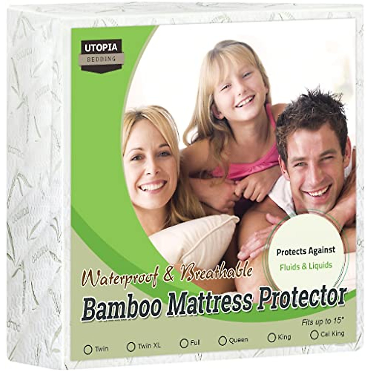 Utopia Bedding Premium Bamboo Waterproof Mattress Protector Twin 340 GSM, Fits 15 Inches Deep, Mattress Cover, Breathable, Fitted Style with Stretchable Pockets White