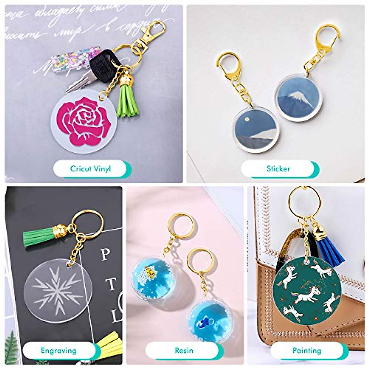 Acrylic Keychain Blanks, Audab 120pcs Blank Keychains for Vinyl Kit Including 30pcs Acrylic Discs, 30pcs keychain Tassels, 30pcs Gold Key chain Rings and 30pcs Jump Rings for DIY Keychain, Vinyl Craft