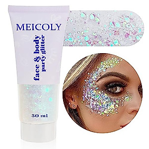 MEICOLY White Body Glitter,Singer Concerts Music Festival Rave Accessories,Mermaid Face Glitter Gel,Sequins Glitter Face Paint,Chunky Glitter for Eye Lip Hair,Sparkling Holographic Gel for Women,50ml