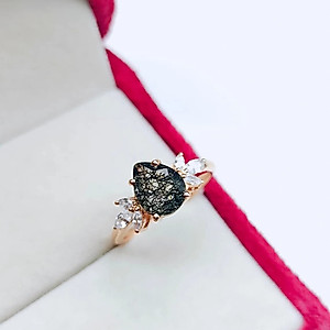Rings For Women Natural Black Rutilated Quartz Ring-Salt And Pepper Diamond Ring-Pear Shaped Black Quartz Ring Beautiful Gift Wedding Ring BY FOREVER GEMS & JEWELS, Rose Gold,White,Silver