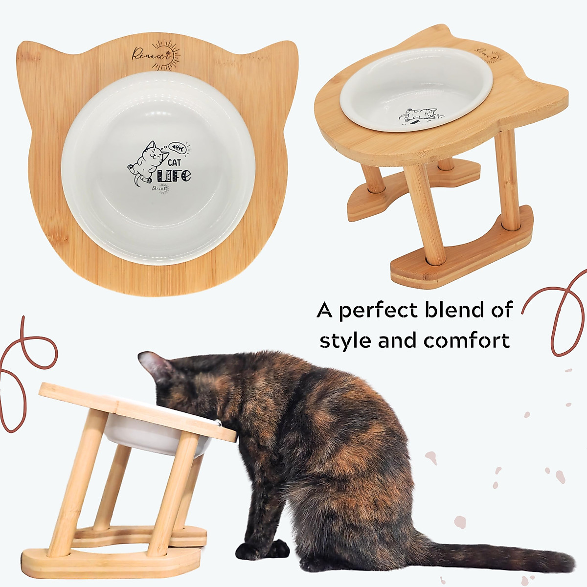 Rênasci® Elevated Ceramic Cat Food Dish Bowl, Adjustable Height, Raised Eco-Bamboo Wood Rack, Sturdy Pet Feeder, Tilted Angle