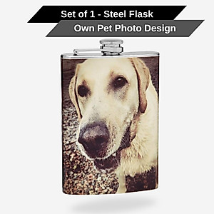 Top Shelf Stainless Steel Hip Flask Holding 8 oz | Pocket Size Leak Proof Screw-On Cap | Personalized with Pet Photo Design alcohol flask | Black Metallic Wrapped Vinyl Finish