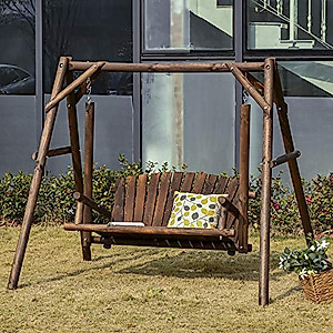Outsunny 2-Seat Porch Swing with Stand, Wooden Patio Swing Chair Bench, for Garden, Poolside, Backyard, Carbonized