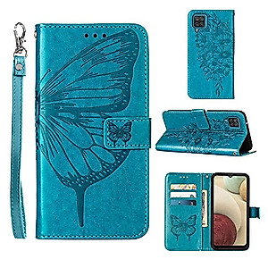 A12 Phone Case Wallet,for Galaxy A12 Case,[Kickstand][Wrist Strap][Card Holder Slots] Butterfly Floral Embossed PU Leather Flip Protective Cover for Samsung A12 Case (Blue)
