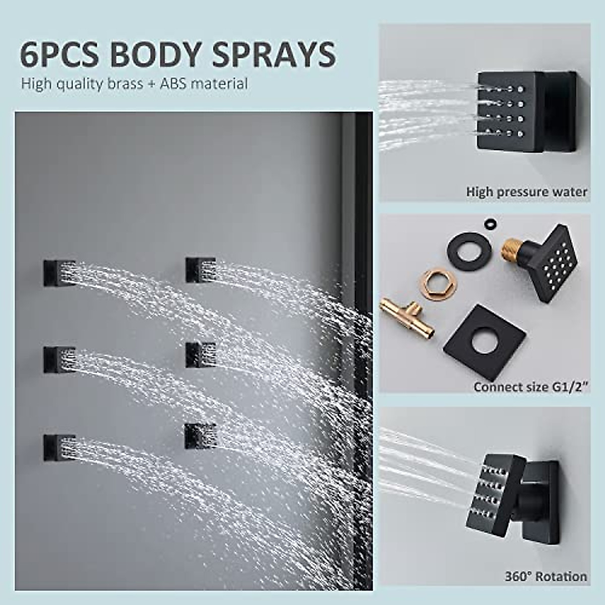 Body Jet Shower System 16 Inch LED Rain Shower Head Faucet with Thermostatic Mixer Valve and 6 Massage Body Sprays and Handheld Shower Combo Set Large Flow(Matte Black)