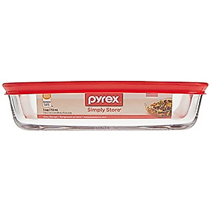 Pyrex 3-Cup Single Rectangular Food Storage Container with Lid, Non-Toxic, BPA-Free Lid, Tempered Non-Pourous Glass, Microwave, Dishwasher, Freezer and Oven Safe, Red