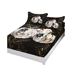 Bedding Full Size Fitted Sheets Fit 5"-16" Deep Pocket Mattress,Flower Sketch Oil Painting Pumpkin Soft Bottom Sheet Autumn Gold Leaves on Black Fitted Sheet Bed Set with Pillow Case