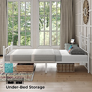 CollaredEagle Twin Size Bed Frame with Headboard and Footboard, Classic Metal Platform Bed Frame with Charging Station and LED Lights, Heavy Duty Slat Support Metal Bed Frame, No Noise, White