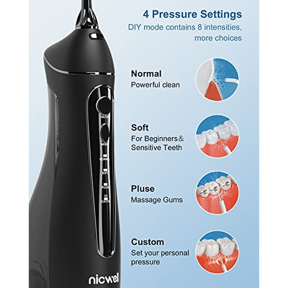 Water Dental Flosser Cordless for Teeth - Nicwell 4 Modes Dental Oral Irrigator, Portable and Rechargeable IPX7 Waterproof Powerful Battery Life Water Teeth Cleaner Picks for Home Travel