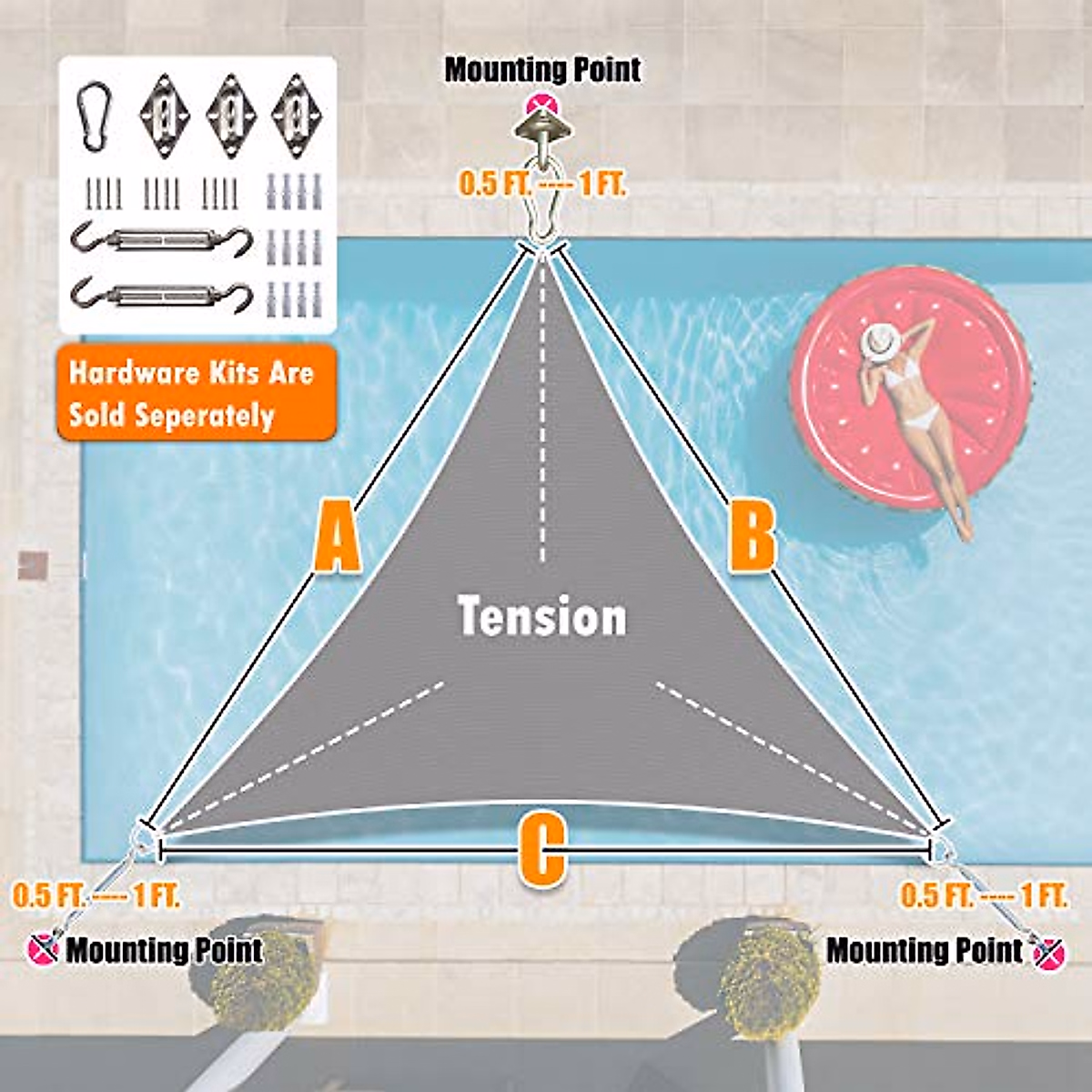 ShadeMart 28' x 28' x 28' Grey Sun Shade Sail Triangle Canopy Fabric Cloth Screen, Water Air Permeable & UV Resistant, Heavy Duty, Carport Patio Outdoor - (We Customize Size)