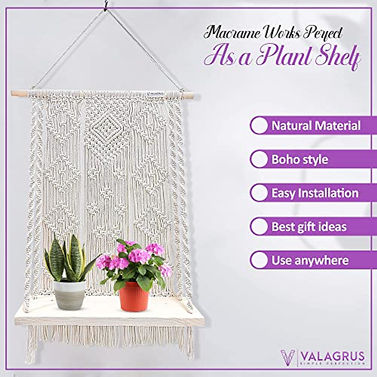 VALAGRUS Macrame Wall Hanging Shelves, Boho Room Decor, Rope Shelf with Handmade Woven Rope 2 Coasters, Wooden Hanging Shelves for Bedroom, Bathroom, Living Room Kitchen, Photo Frames, Small Plants.