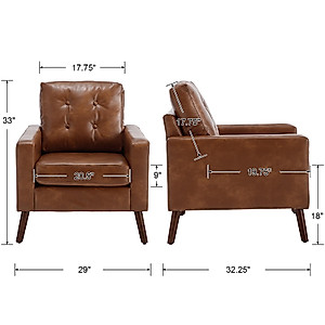 BESTANO Set of 2 Brown Faux Leather Armchair Accent Chairs, Mid Century Modern Button Tufted Accent Chair with Wood Legs, Cozy Armchair Club Chair Single Sofa for for Bedroom Living Room, Caramel