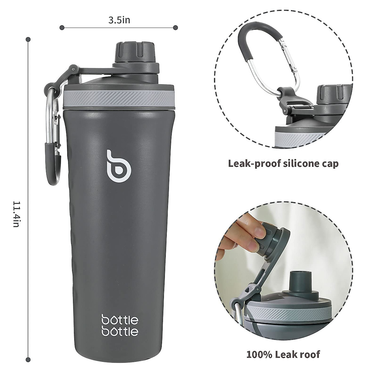 BOTTLE BOTTLE 26 oz Insulated Shaker Bottle Stainless Steel Water Bottle with Wire Whisk, Reusable Protein Shaker Gym Water Cup Grey