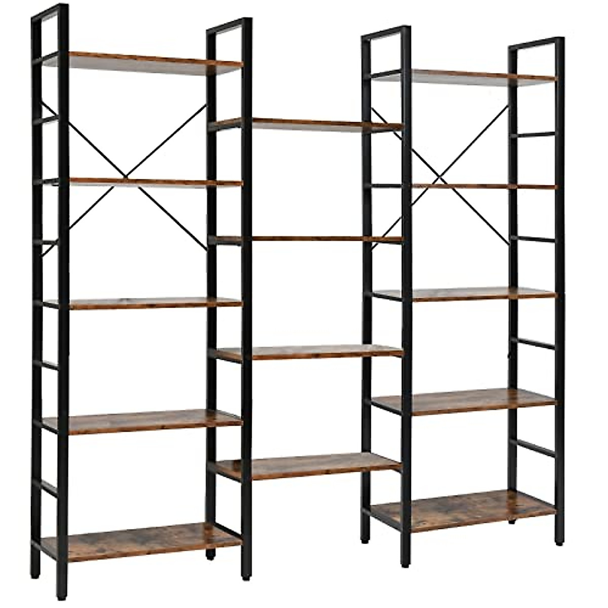 Giantex Triple 5-Tier Industrial Bookshelf- Freestanding Metal Frame Ladder Bookcase with 14 Open Shelves, Wooden Large Display Open Shelving for Living Room Home Office Study, Rustic Brown