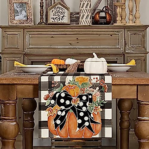 Fall Table Runner Bow Pumpkin Polka Dots Floral Autumn Thanksgiving Buffalo Plaid Seasonal Home Kitchen Dining Decorations 13 x 72 Inch