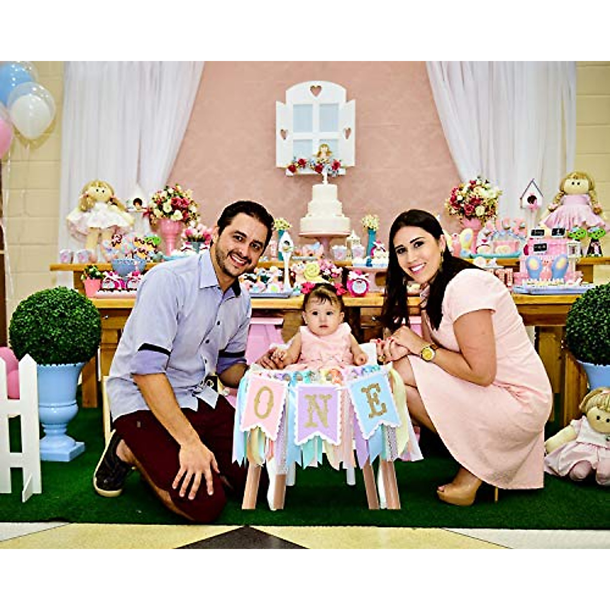 Rainbow High Chair Banner for 1st Birthday - Baby Girl Rainbow Smash Cake for Photo Props, First Birthday Photo Background, Macarons Color Ribbon (Rainbow High Chair Banner)