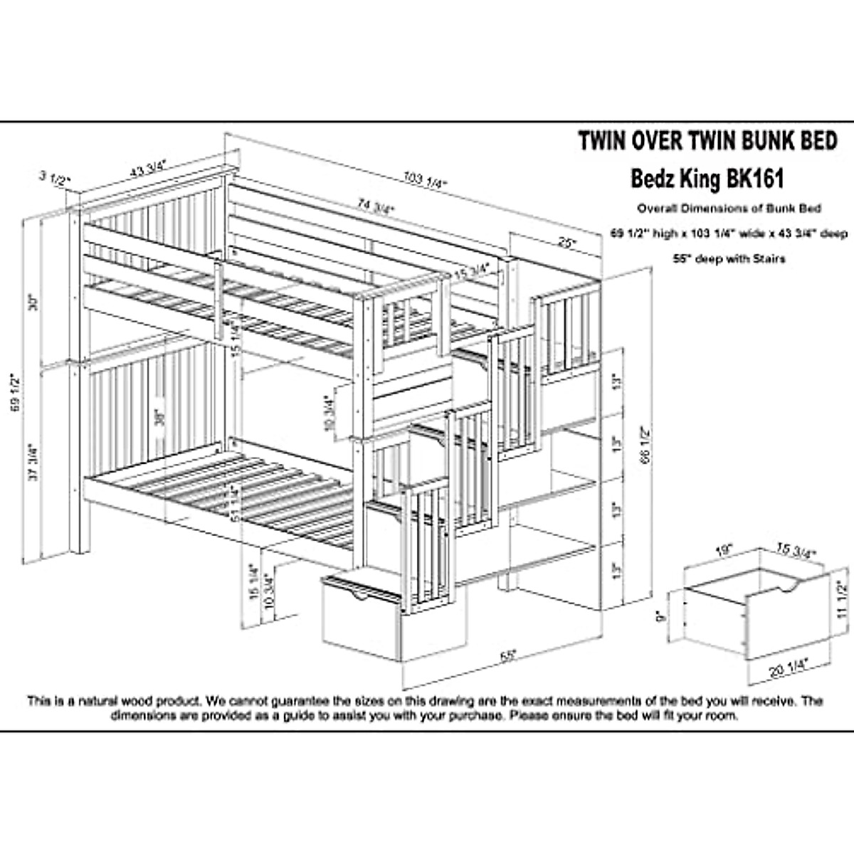 Bedz King Tall Stairway Bunk Beds Twin over Twin with 4 Drawers in the Steps and 2 Under Bed Drawers, Dark Cherry
