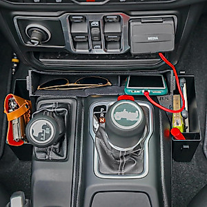 JVMA Center Console Gear Shift Organizer Tray for Jeep Gladiator Accessories and Jeep Wrangler JL JLU 2025 2024 2023 2022-2018 Rubicon Sahara 4xe Storage Box, Car Trash Bag Hook (US Patent) Interior