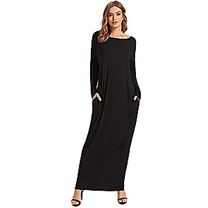 Verdusa Women's Long Sleeve Pocketed Loose Long Maxi Dress Black XL