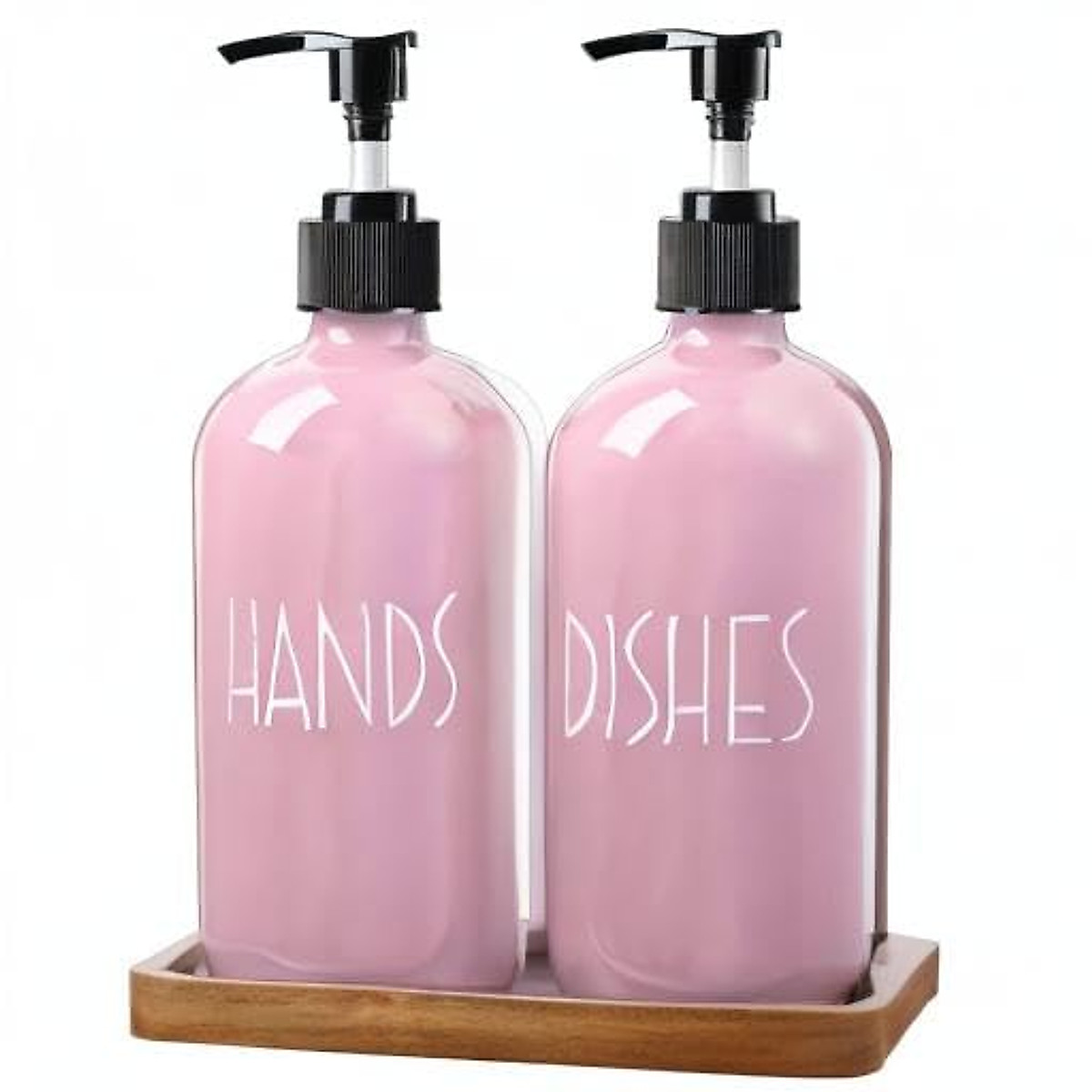 ALELION Dish Soap Dispenser for Kitchen - 16 OZ Glass Hand Soap Dispenser Set with Acacia Wood Tray - Pink Kitchen Bathroom Decor and Accessories