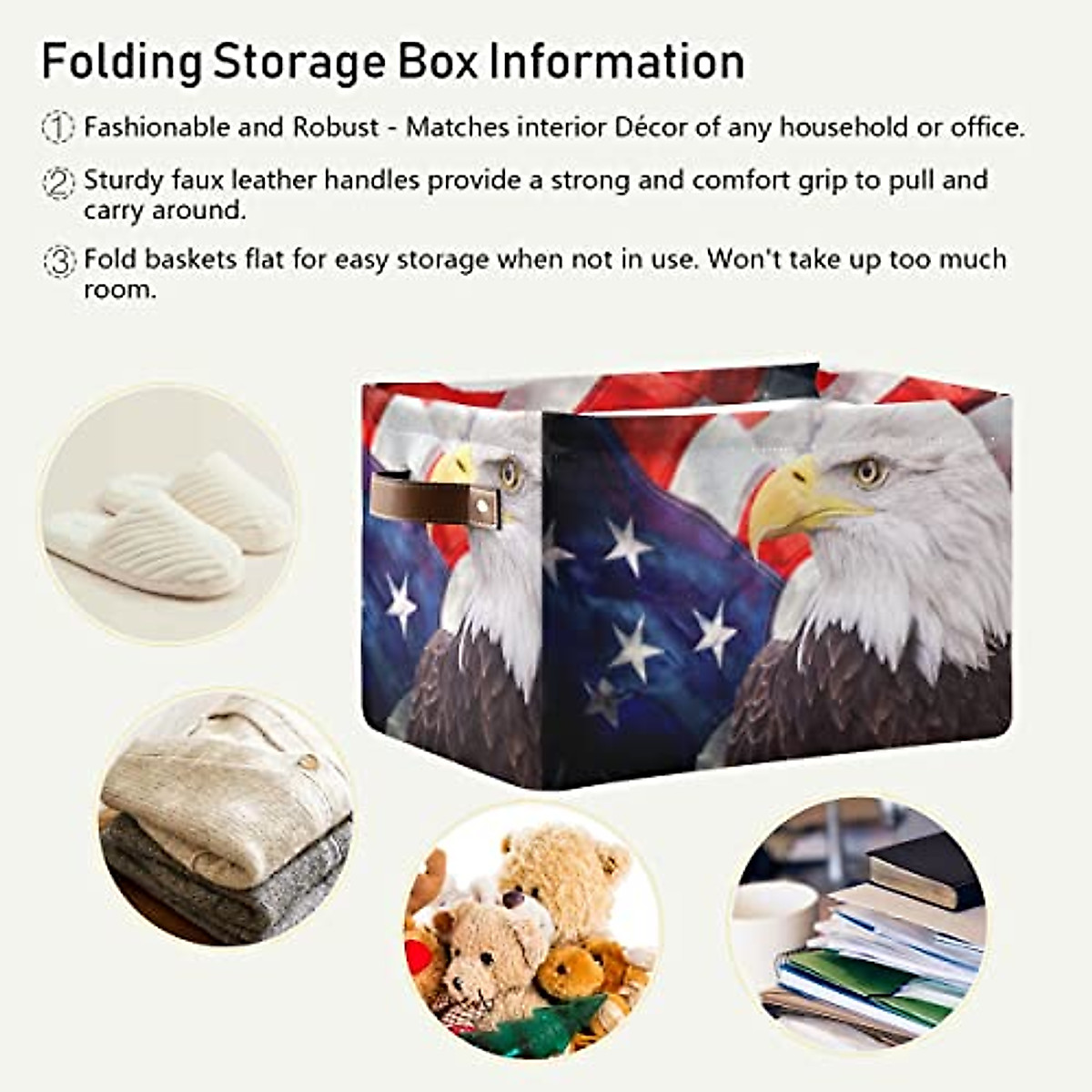 Foldable Storage Baskets,American Flag Eagle Storage Bins with Handles, Decorative Cloth Organizer Storage Boxes for Home|Office 15 x 11 x 9.5 in