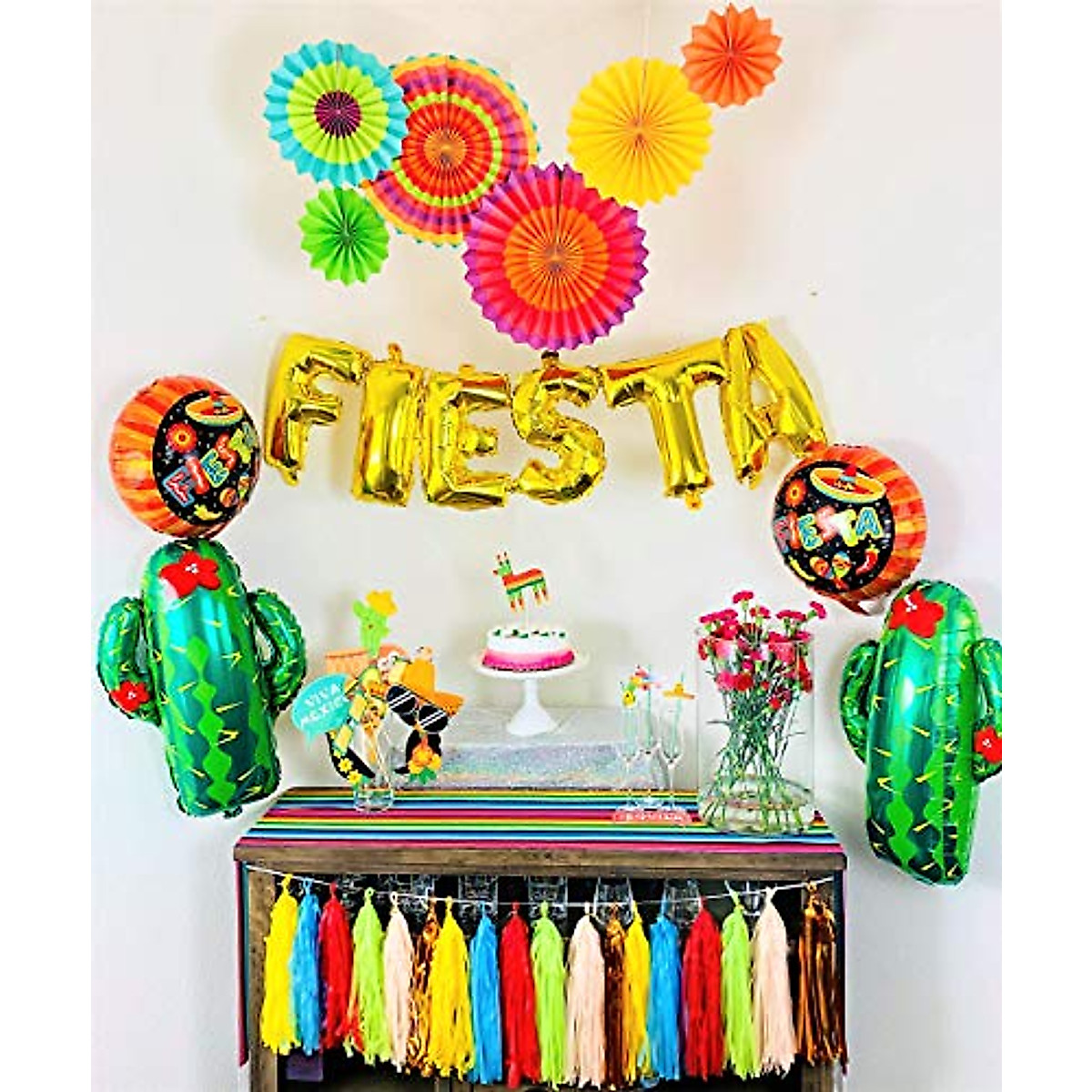 FIESTA PARTY Decorations Supplies kit - Cactus decor foil Balloons, Gold Fiesta balloon banner, Fiesta helium balloons, Coco party paper tassel garland, Mexican party style paper fans- Cinco de mayo