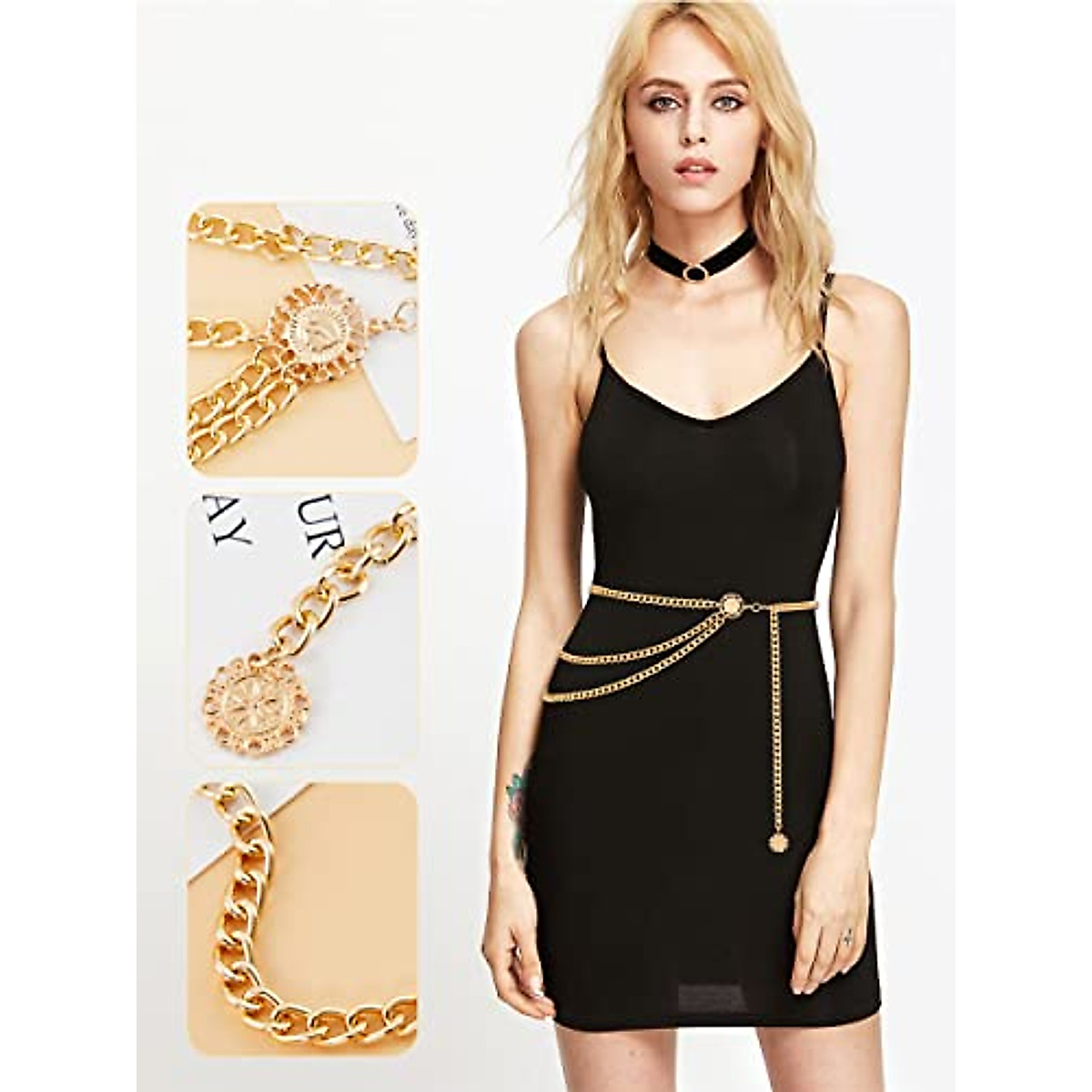 FIORETTO Chain Belt for Women Metal Waist Belts Fashion Multilayer Chain Belts for Dress Sun Gold Length 47in