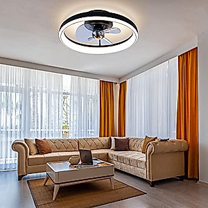 Sunny Hawaii Modern Ceiling Fans with Lights and Remote, 19.7in Dimmable LED 6 Speeds Reversible Blades Timing Indoor Low Profile Ceiling Fan Semi Flush Mount with Remote Control(black)