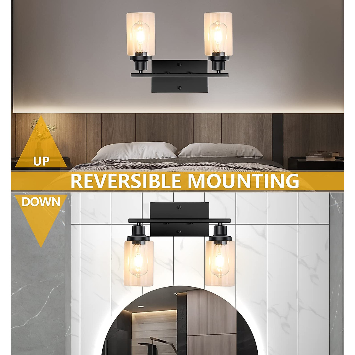 Bathroom Light Fixtures, Black 2-Light Vanity Lights, Modern Bathroom Vanity Light with Clear Glass Shade, Wall Lamp with Metal Frame over Mirror, Vanity Lights for Washroom Bedroom Hallway E26 Base