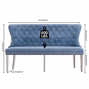 LOULENS 65'' Upholstered Velvet Settee Bench 3 Seater, Modern Tufted Banquette Bench with Back, Accent Loveseat Sofa with Stainless Steel Leg for Dining, Living Room (Blue)