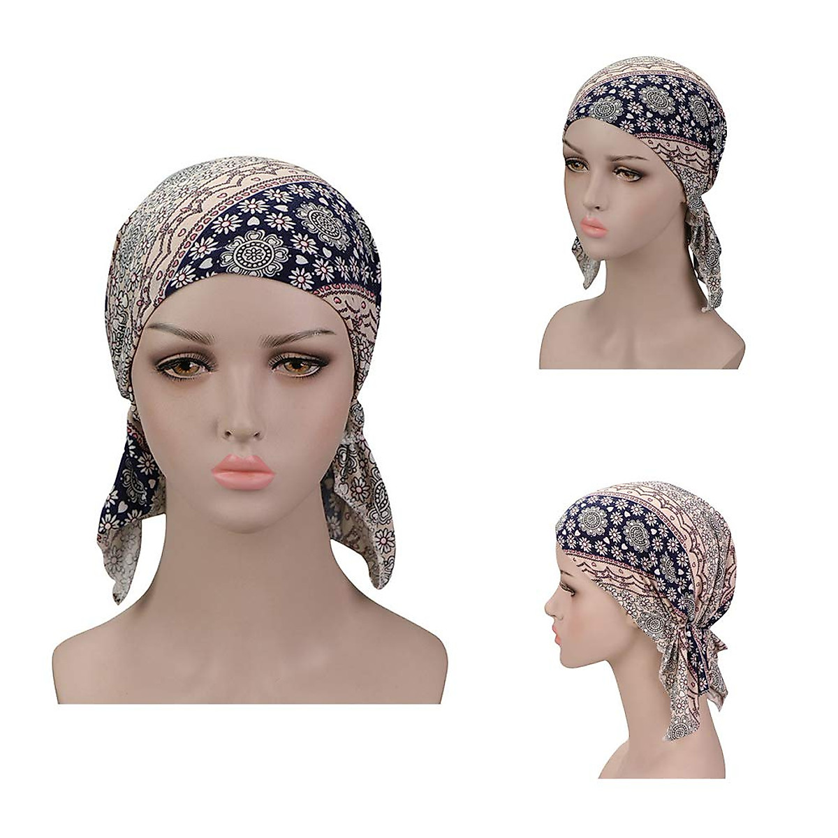 Pre Tied Chemo Head Scarf 3 Packed Beanie Skull Cover Cap for Women (Set1)