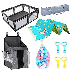 YOBEST Baby Playpen, Playard Kit Includes Play Mat x 1, Ocean Ball x 50, Hanging Diaper Caddy x 1, Indoor Outdoor Kids Activity Center, Infants Fences with Gat (Dark Gray)