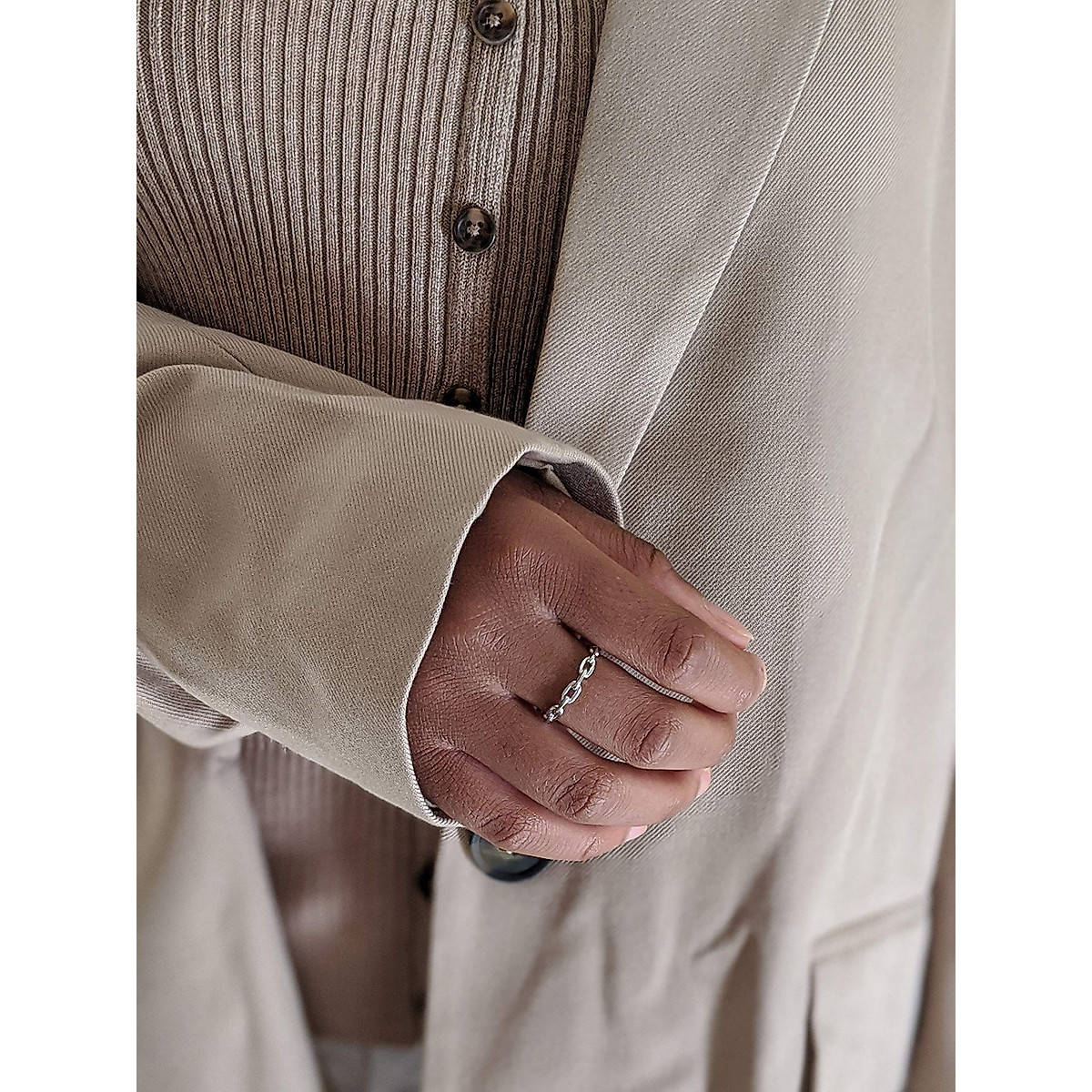 Nossa 18K Gold Plated Sterling Silver Chain Link Ring Simple Stacking Band Open Rings for Women Adjustable