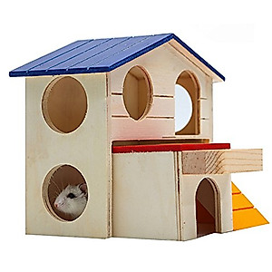 Hamiledyi Pet Small Animal Hideout Hamster House Deluxe Two Layers Wooden Hut Play Toys Chews