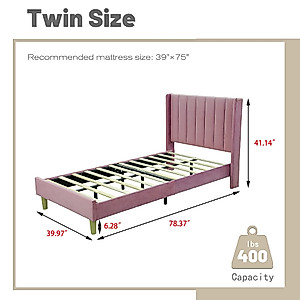 AGARTT Upholstered Platform Bed Frame Twin Size with Headboard and Footboard/Wooden Slats Support/No Box Spring Needed/Easy Assembly,Pink Velvet