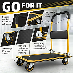 Upgraded Foldable Push Cart Dolly | 330 lbs. Capacity Moving Platform Hand Truck | Heavy Duty Space Saving Collapsible | Swivel Push Handle Flat Bed Wagon - Yellow