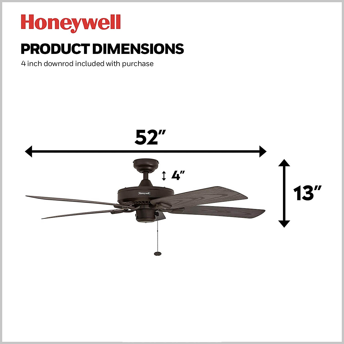 Honeywell Ceiling Fans Belmar, 52 Inch Traditional Indoor Outdoor LED Ceiling Fan with No Light, Pull Chain, Three Mounting Options, ETL Damp Rated, Reversible Motor - 50199-01 (Bronze)
