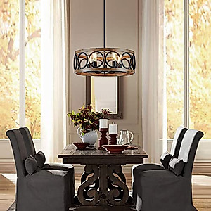 XINGQI Dining Room Chandelier Over Table, Modern Farmhouse Chandelier, 21.7'' Drum Rustic Pendant Light Fixture for Living Room, Round Metal Shade with Black+Wood Grain Finish, 5 Lights