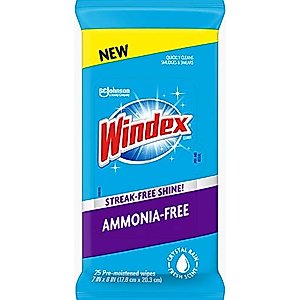 Windex Ammonia-Free Premoistened Glass Wipes, Crystal Rain Fresh Scent, 25 Count