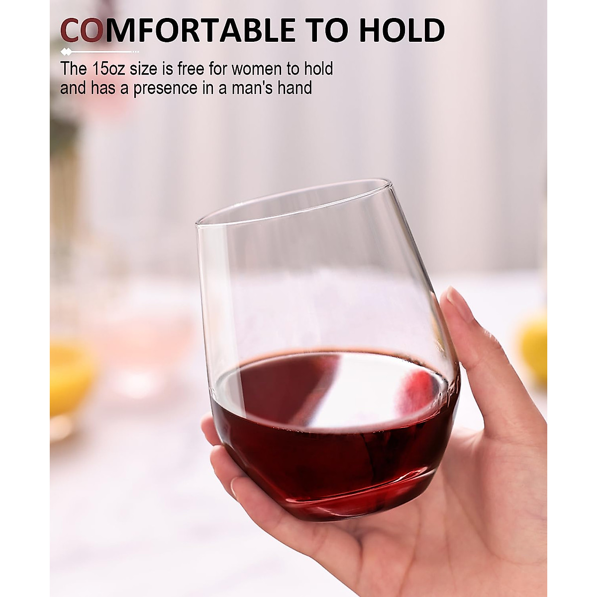 OJA Stemless Wine Glasses Set of 4, Premium Crystal Red White Wine Glasses, No Stem, Clear-15oz, Sturdy Drinking Glass for Daily Use, Birthday, Wedding, Home Party, Anniversary, Shower Gift