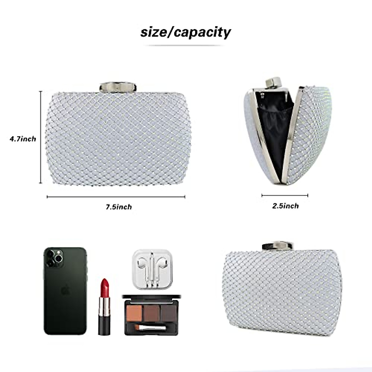 Bellawish Clutch Purse Rhinestone Silver Clutch Evening Formal Crystal Bag Wedding Purse Party Bridal HandBags for Women(Silver)