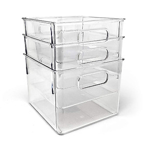 Isaac Jacobs 3-Pack Medium Clear Storage Bins with Handles, Plastic Organizer for Home or Fridge/Freezer, Pantry and Kitchen Non-Slip Container Set, BPA Free, Food Safe (3-Pack, Medium)