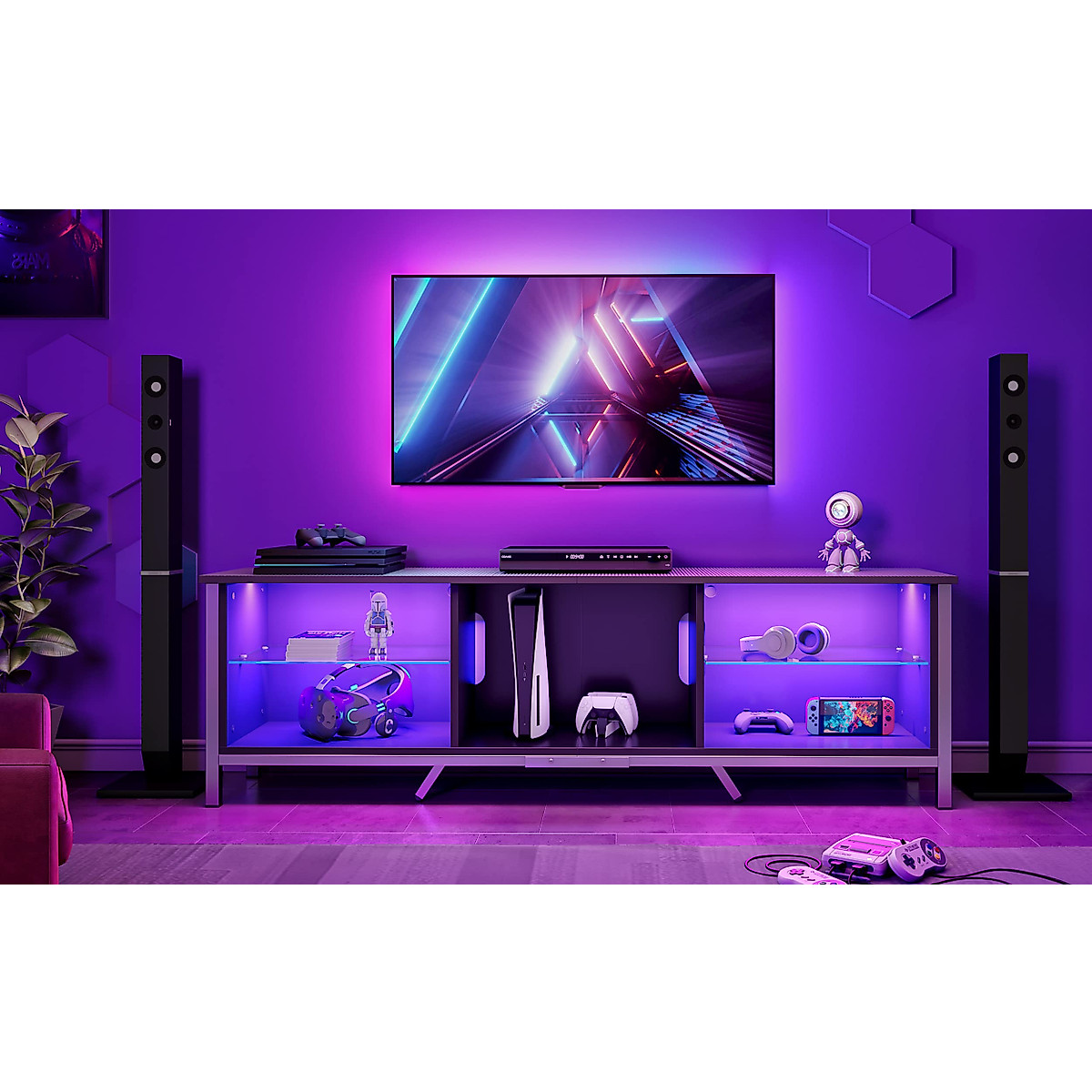 Bestier TV Stand with LED Light for 75 inch TV, Modern Gaming Entertainment Center with Detachable Glass Shelves for PS5 Black Carbon Fiber