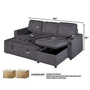 VanAcc Sofa Bed, Modern Tufted Convertible Sleeper Sofa, USB Charging Ports & Cup Holders, Pull Out Couch Bed with Storage Chaise, Chenille Couches for Living Room (Dark Grey)