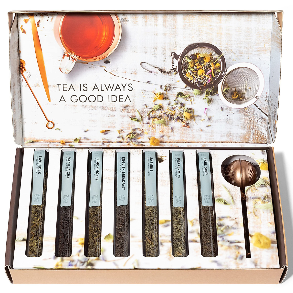 Thoughtfully Gourmet, Tea Therapy Infusion Gift Set, 7 Unique Flavors and Reusable Copper Ball Infuser, Loose Leaf Tea Set Flavors Include Peppermint, Jasmine, Vanilla Chai and More, Set of 7