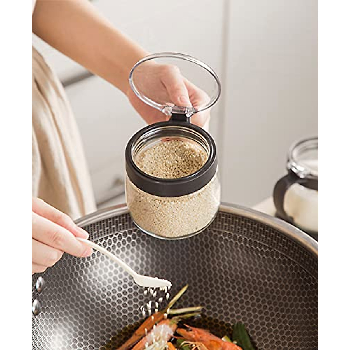 Glass Condiment Spice Jars,12oz/350 ml Condiment Jar Spice Container with Lids and Spoons and Tray,Clear Glass Condiment Canisters,3Pack Seasoning Box Bowl Set for Sugar Pepper,for Kitchen,Counter